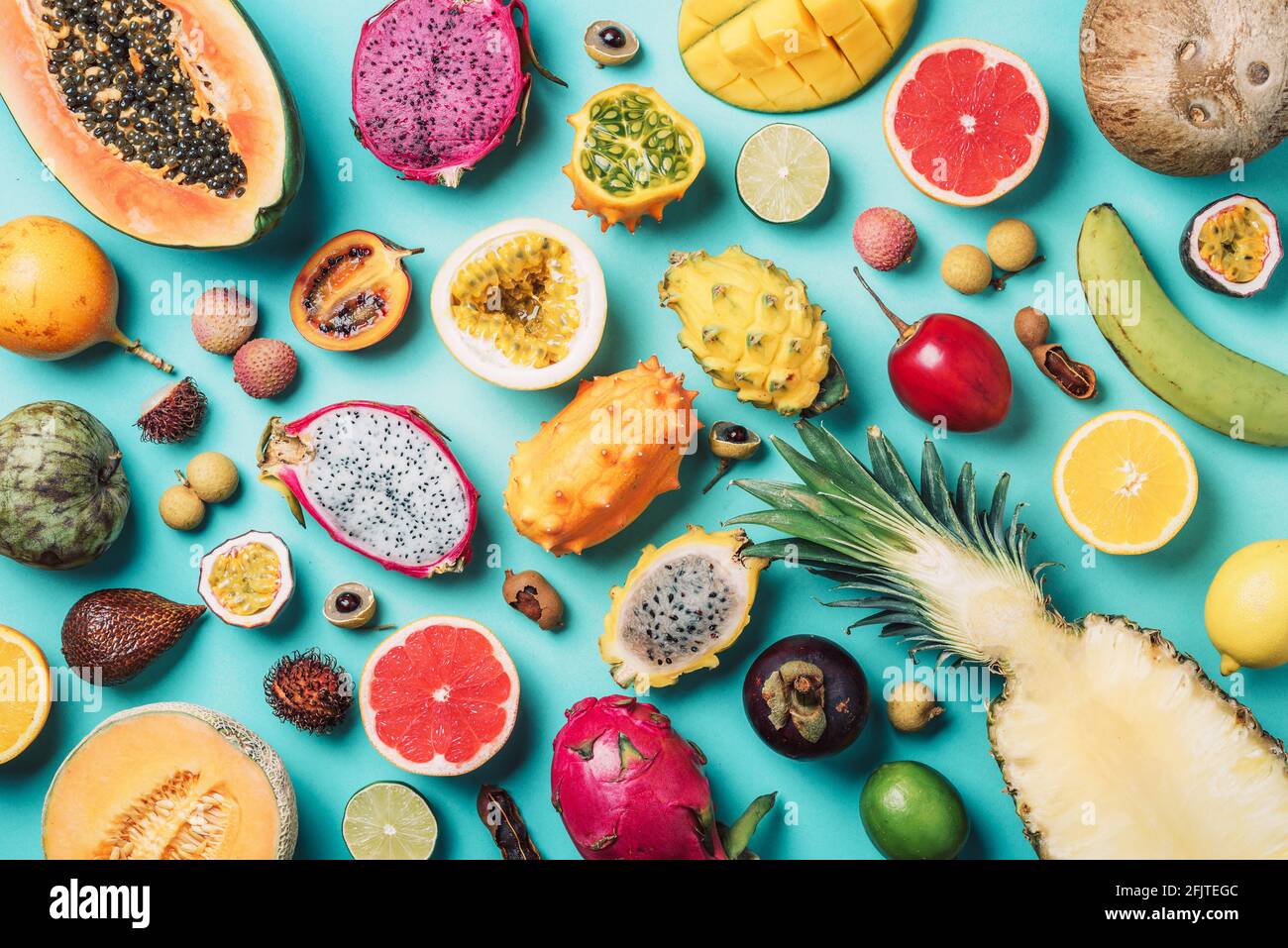 Tropical fruits concept. Exotic fruits - pineapple, papaya, mango ...