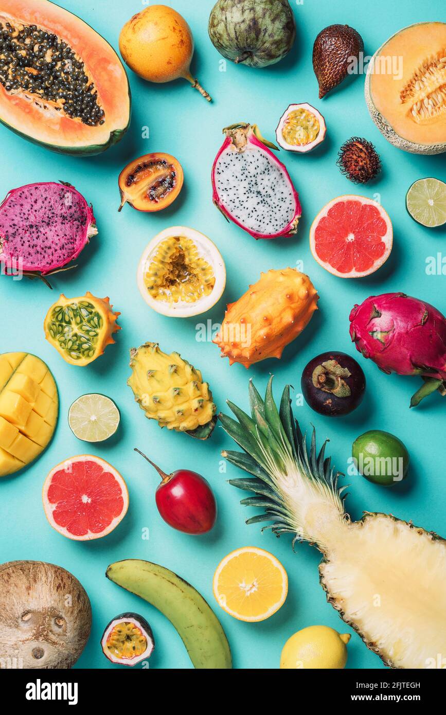 Tropical fruits concept. Exotic fruits - pineapple, papaya, mango ...