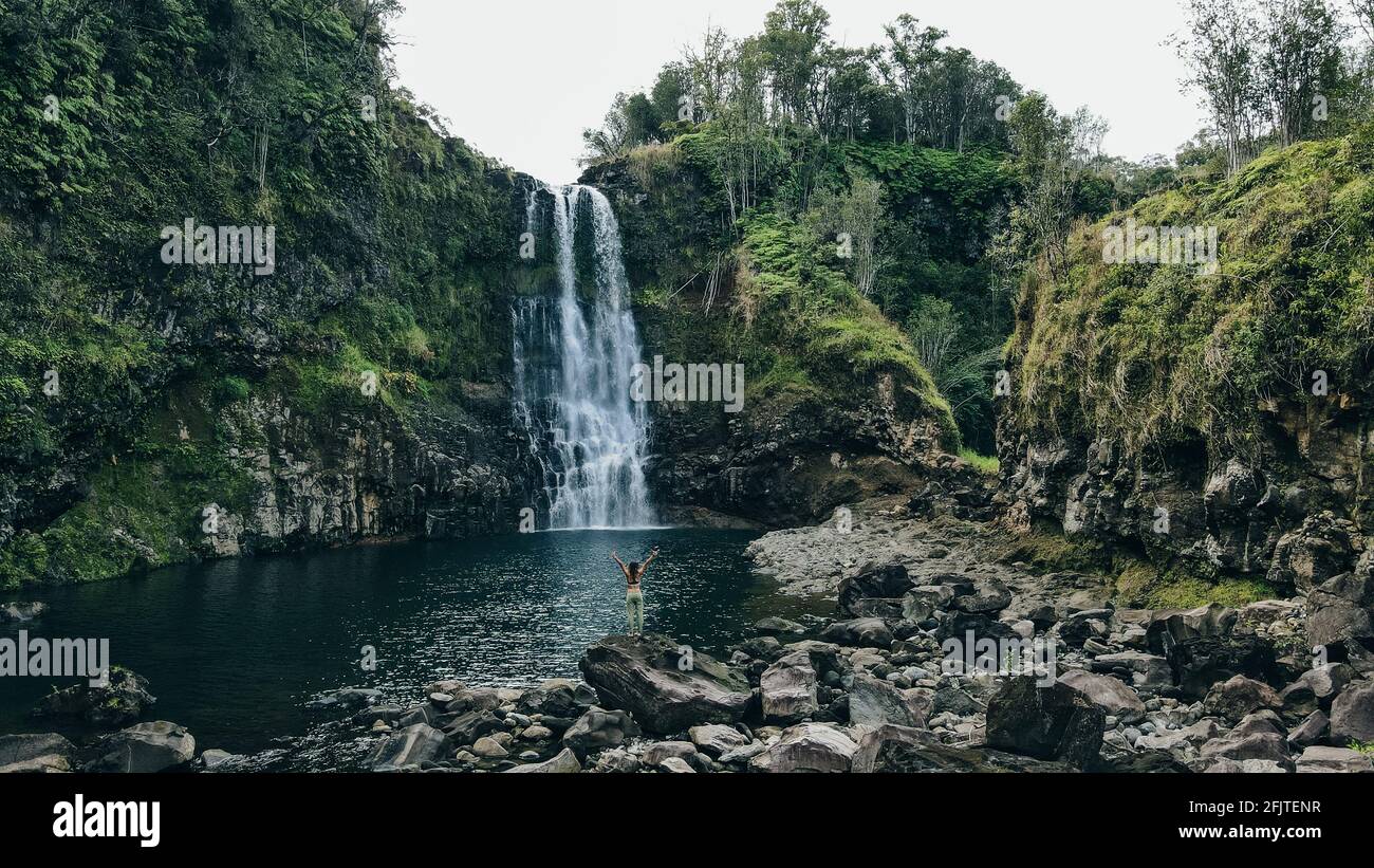 aerial view of Narnia Wailuku River Falls, big island. High quality ...