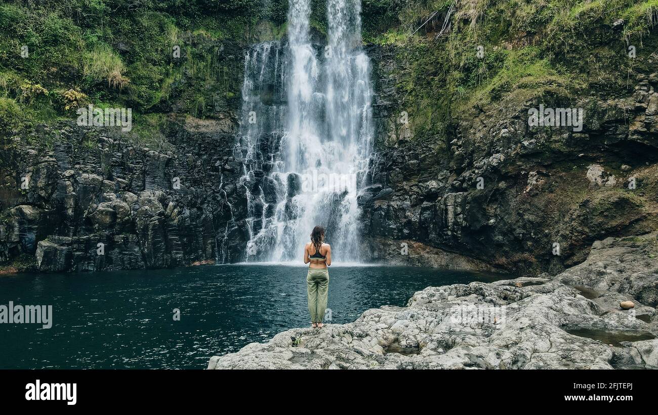 aerial view of Narnia Wailuku River Falls, big island. High quality ...