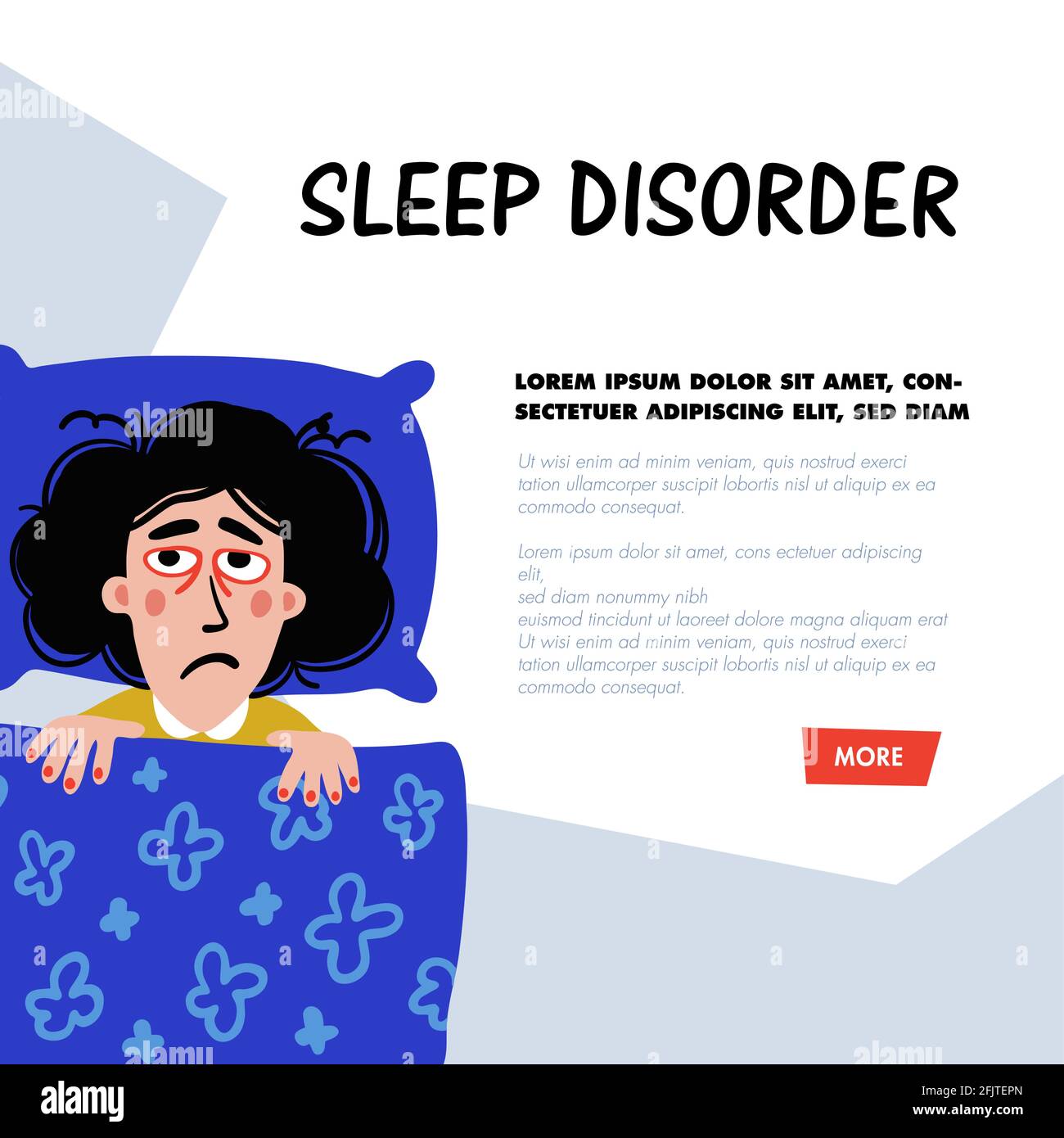 Psychology. Sleep disorder. Woman character with insomnia in bed ...