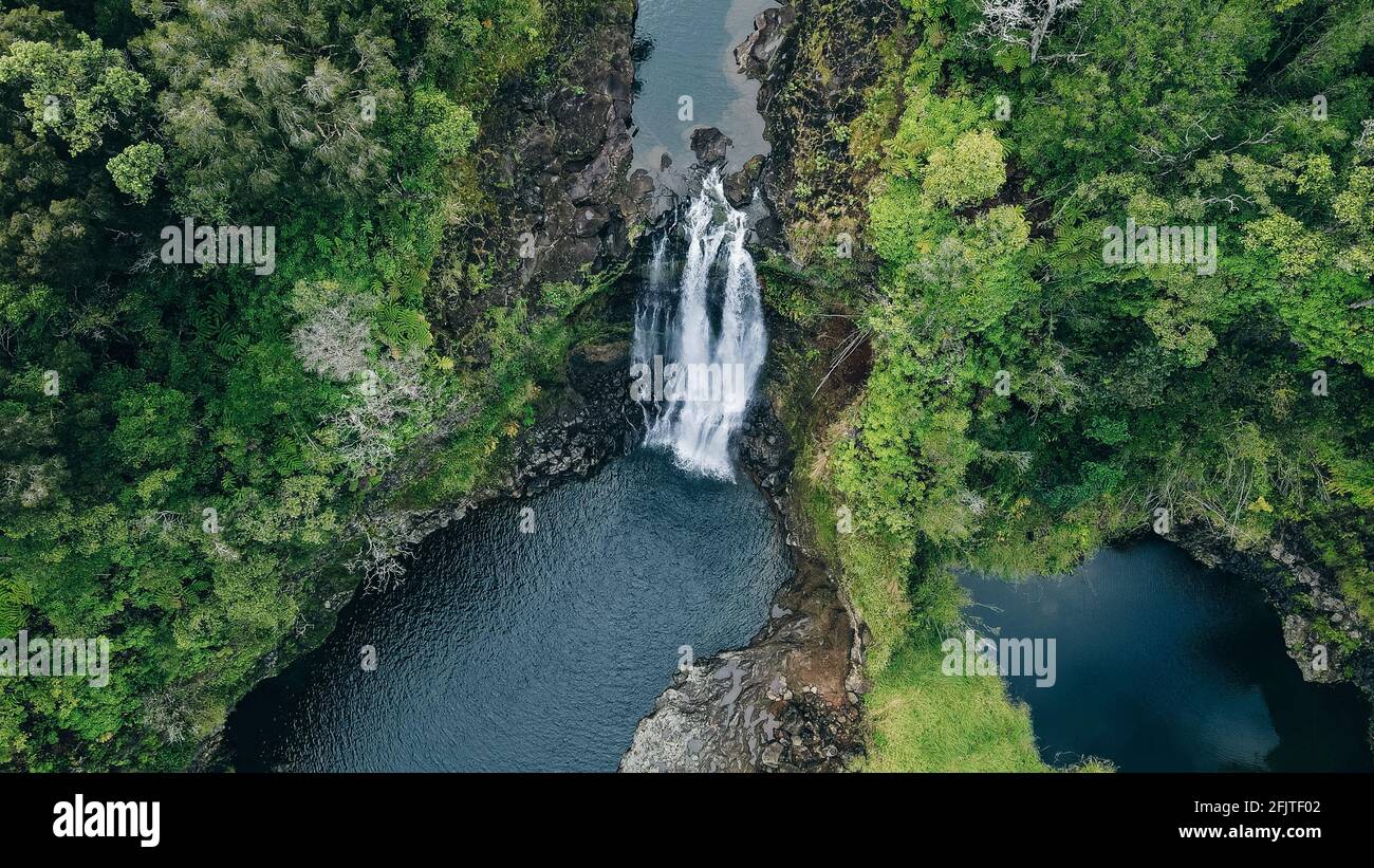 aerial view of Narnia Wailuku River Falls, big island. High quality ...