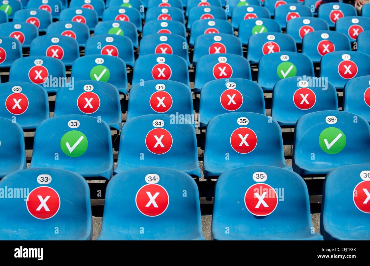 26 April 2021, Bavaria, Munich: Tennis: ATP Tour: The seats on the ...