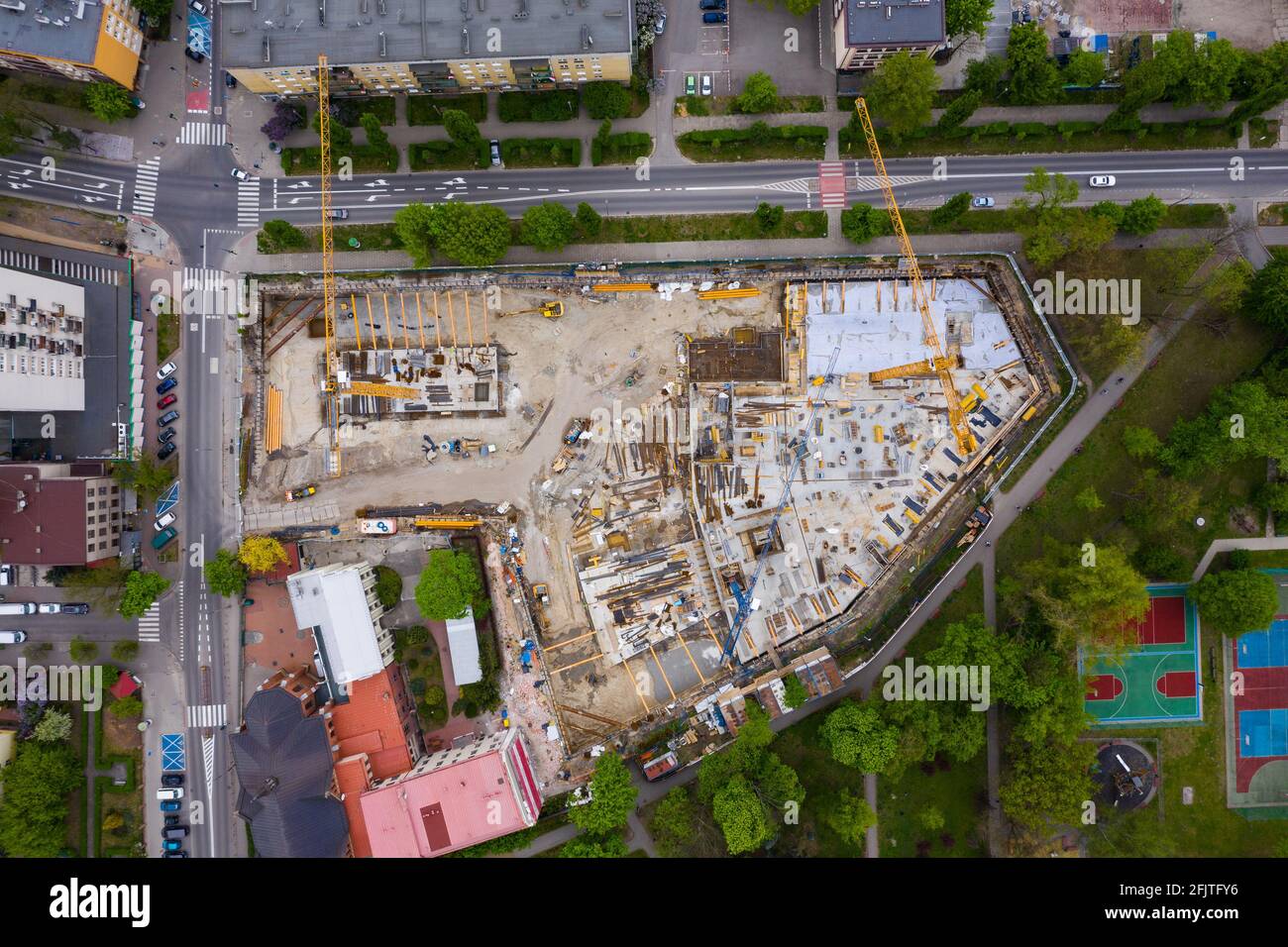Aerial top view of construction site. Building new apartment buildings ...