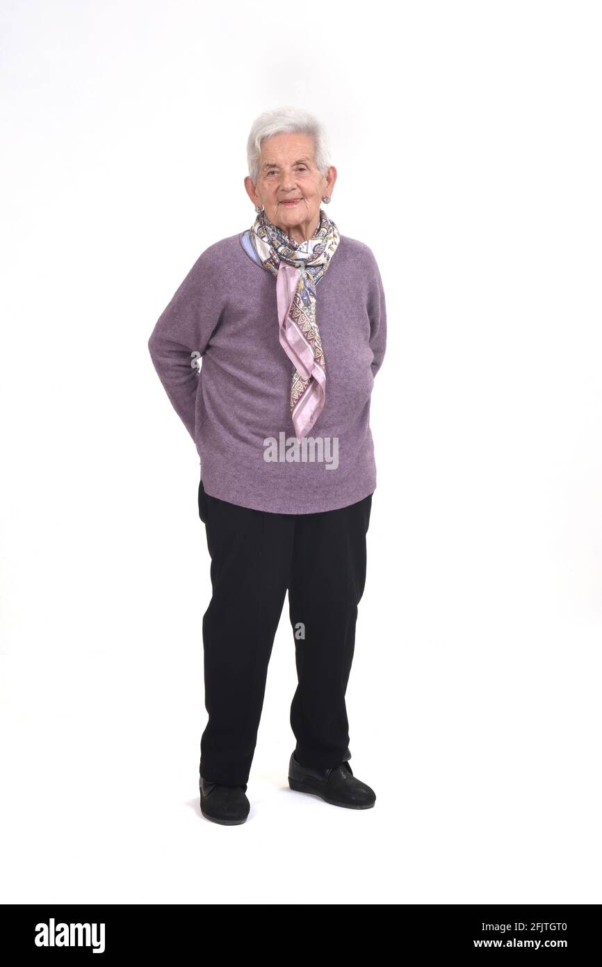 front view of a senir woman hands on back on white background Stock ...