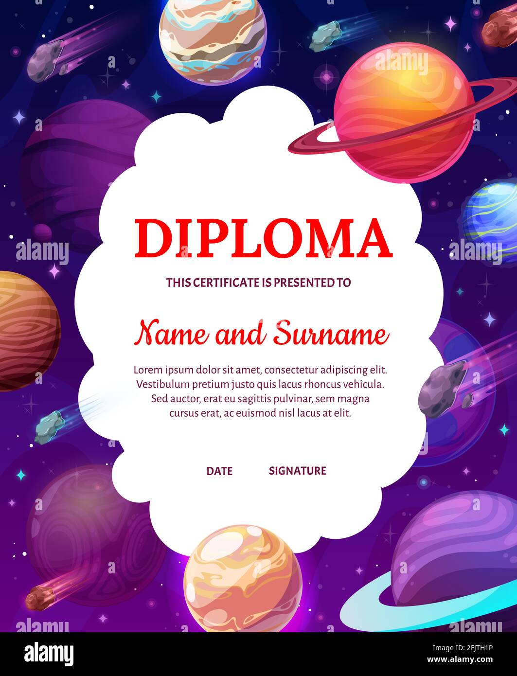 Kids diploma with space, cartoon planets in galaxy. Vector certificate, astronomy science award ...