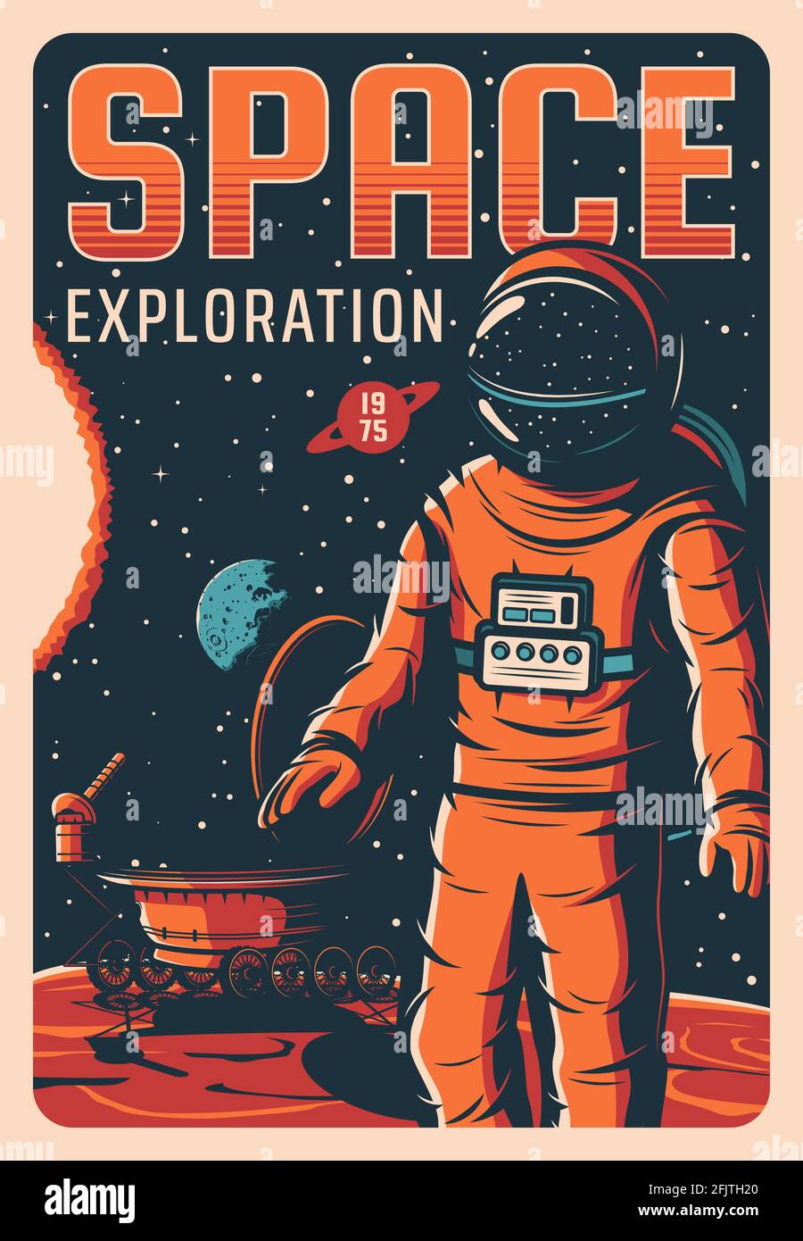 Astronaut in outer space, universe exploration vector retro poster ...