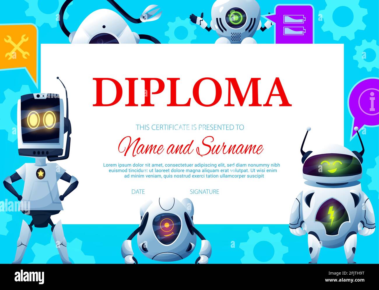 Kids diploma with robots droids and cartoon androids, vector ...