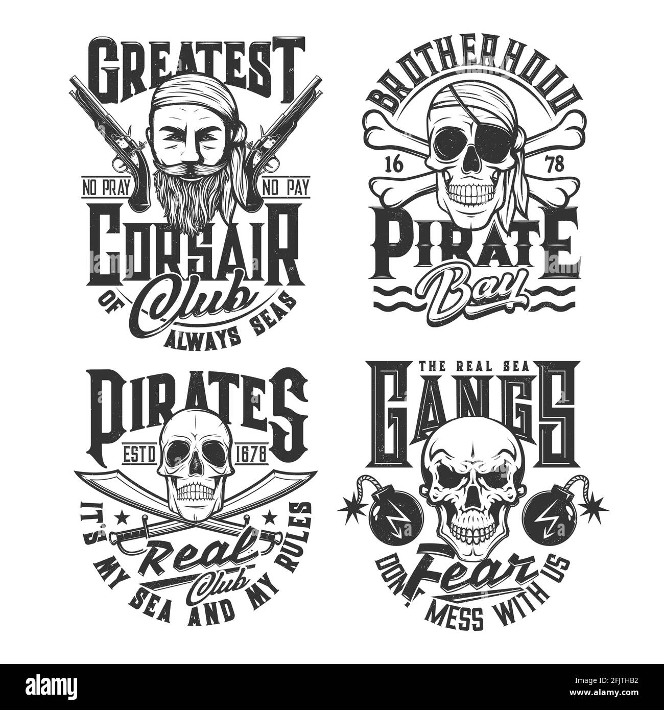 Sea pirate gangs t-shirt print with human skulls, crossed bones and ...