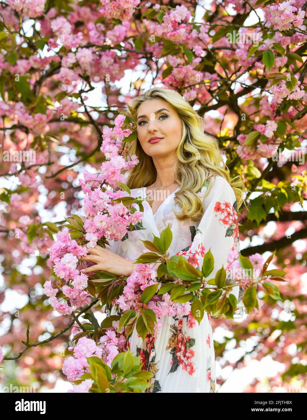 Harmony and female energy. Spring blossoming tree. Spring symbol. Girl ...