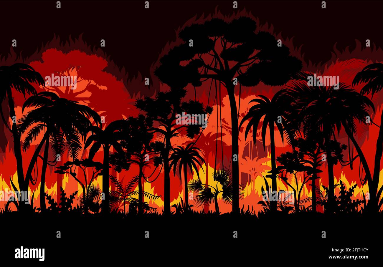 Wildfire in tropical forest vector background. Fire in jungles ...