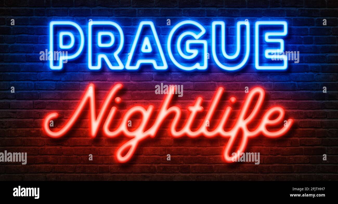 Neon sign on a brick wall - Prague Nightlife Stock Photo - Alamy