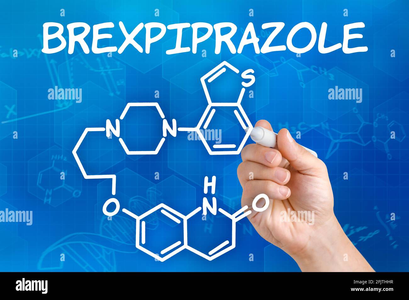 Hand with pen drawing the chemical formula of Brexpiprazole Stock Photo ...