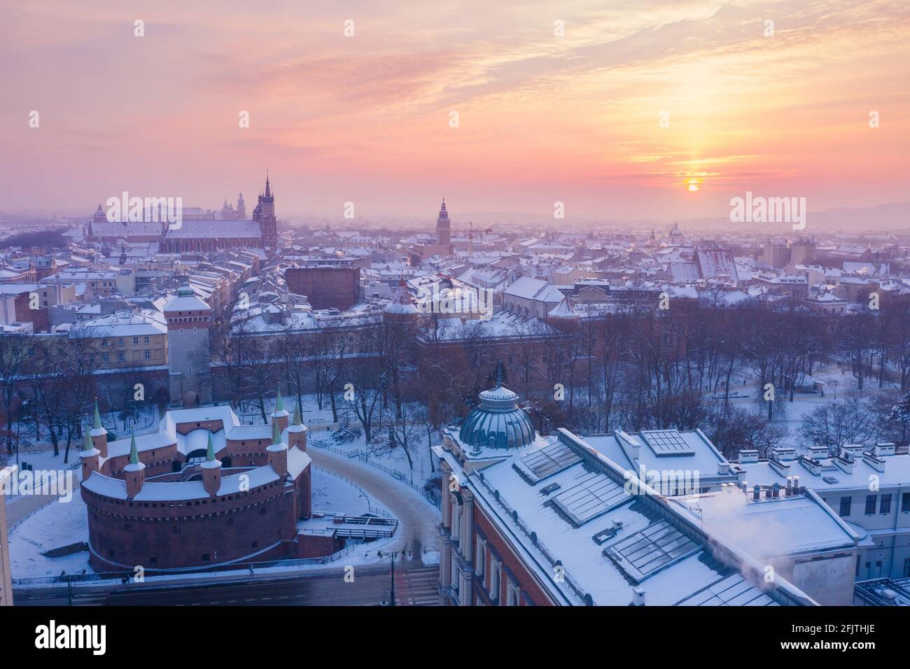 Krakow Old Town in winter aerial view. Medieval Barbican fortification ...
