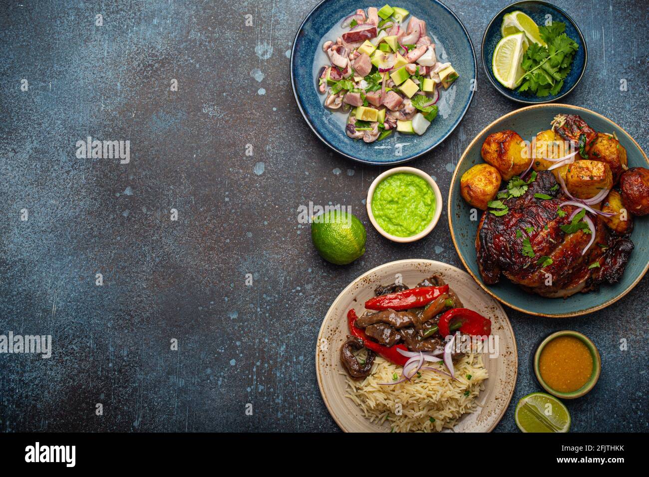 Traditional dishes of Peruvian cuisine from above copy space Stock ...