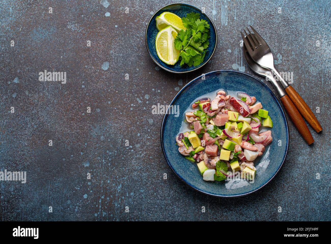 Peruvian ceviche with fresh fish and seafood on plate from above copy ...