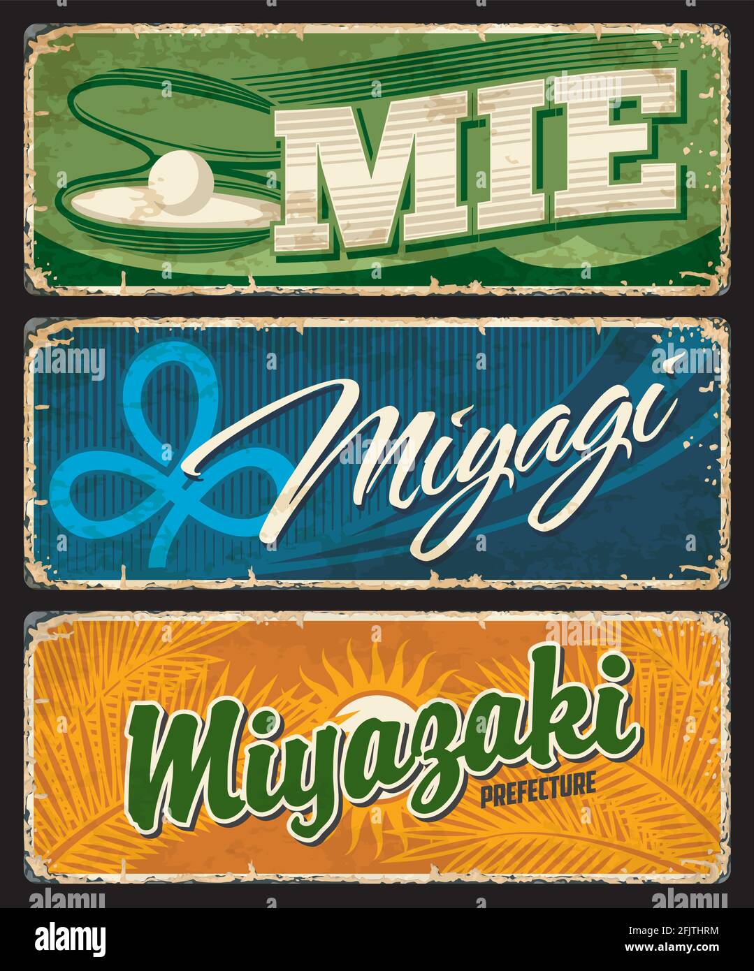 Mie, Miyagi and Miyazaki Japan prefecture tin vector plates. Japanese ...
