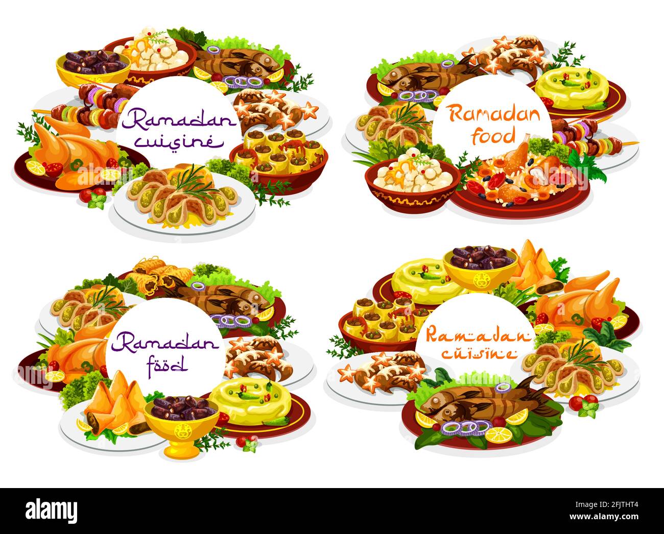 Ramadan food, Iftar Eid Mubarak menu meal dishes, vector Islam ...