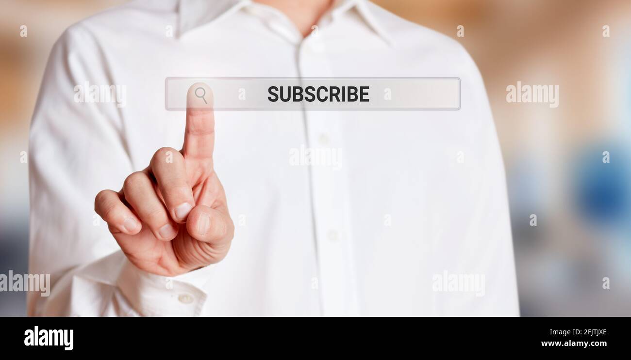 Male hand touches an internet search bar on a virtual screen with the ...