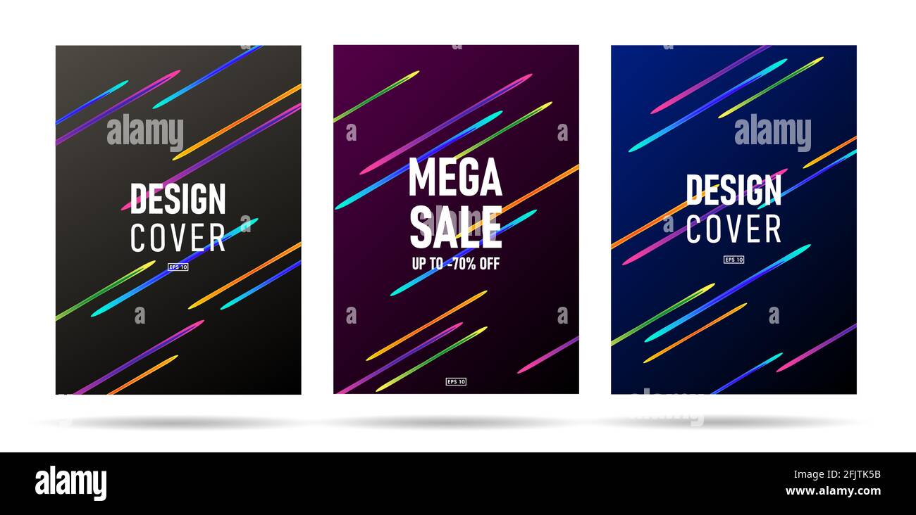 Set of digital banners or posters with bright neon comet track, space ...