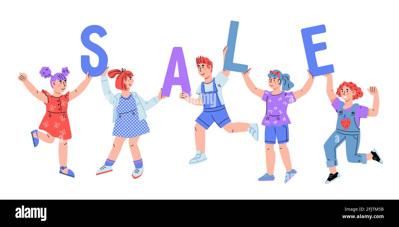 Happy children holding big SALE letters. Template of banner or poster ...