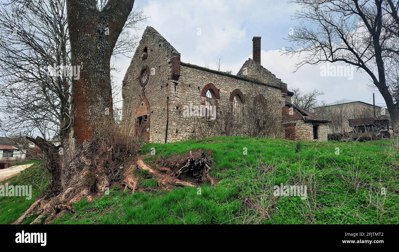 Old stone church, destroyed. Remains of church on hill Stock Photo - Alamy