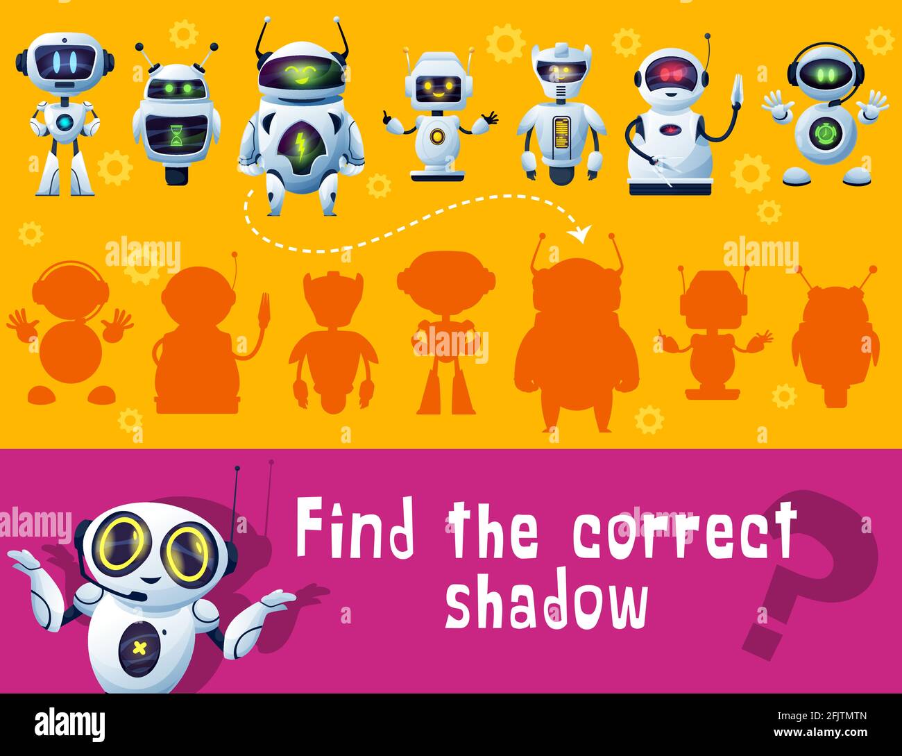 Find robot shadow, game for kids, tabletop or board game, vector puzzle ...