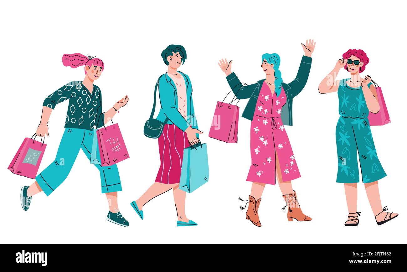 Group of cheerful young women enjoying shopping and sale prices. Women ...