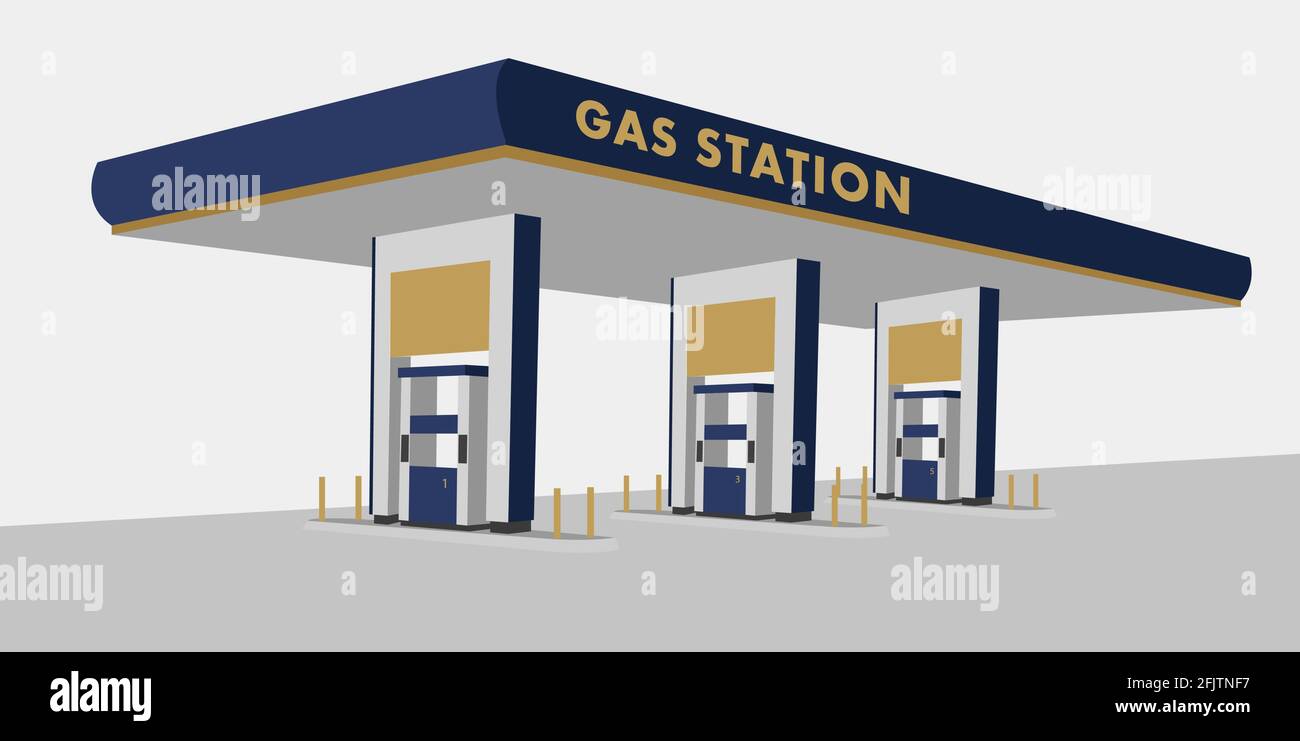 Gas station illustration, gas columns service building in perspective ...