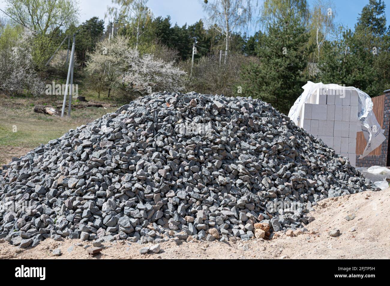 pile of rubble close up. Preparation for the construction of gray ...