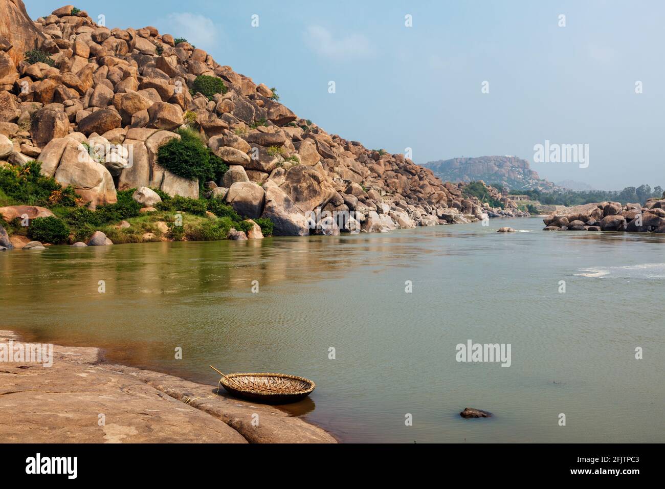Wickerwork coracle boat in Hampi, Karnataka, India Stock Photo - Alamy