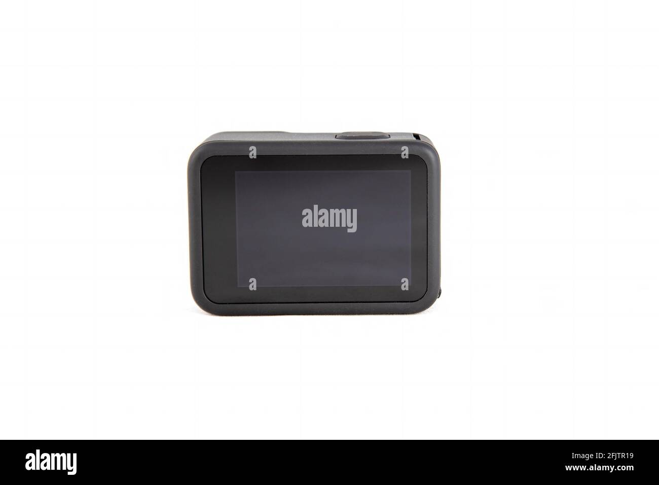 New 4K action camera in black color. Isolated white background. back ...