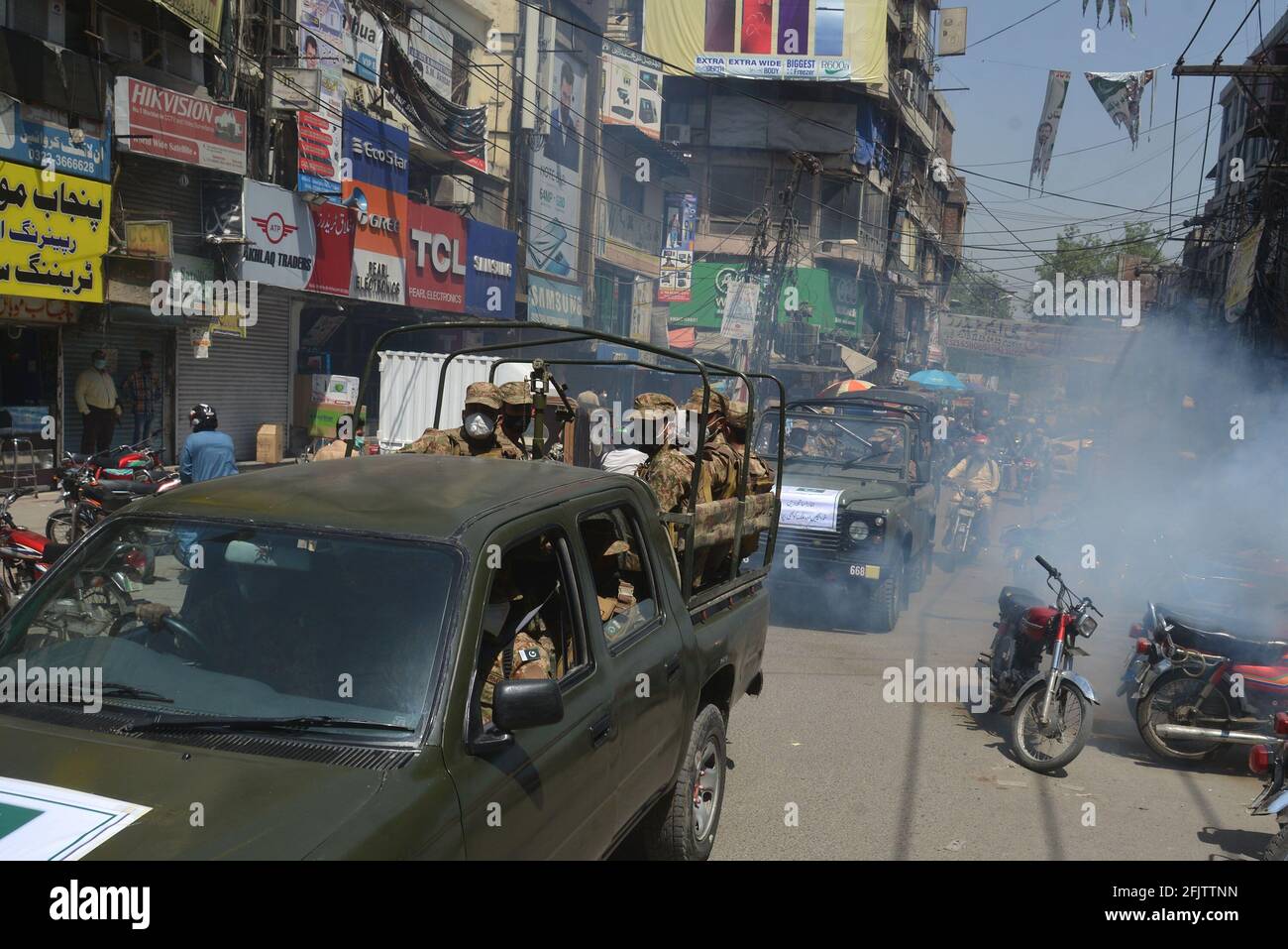 Pakistan army, rangers troops patrol in a market, bazar, main roads to ...