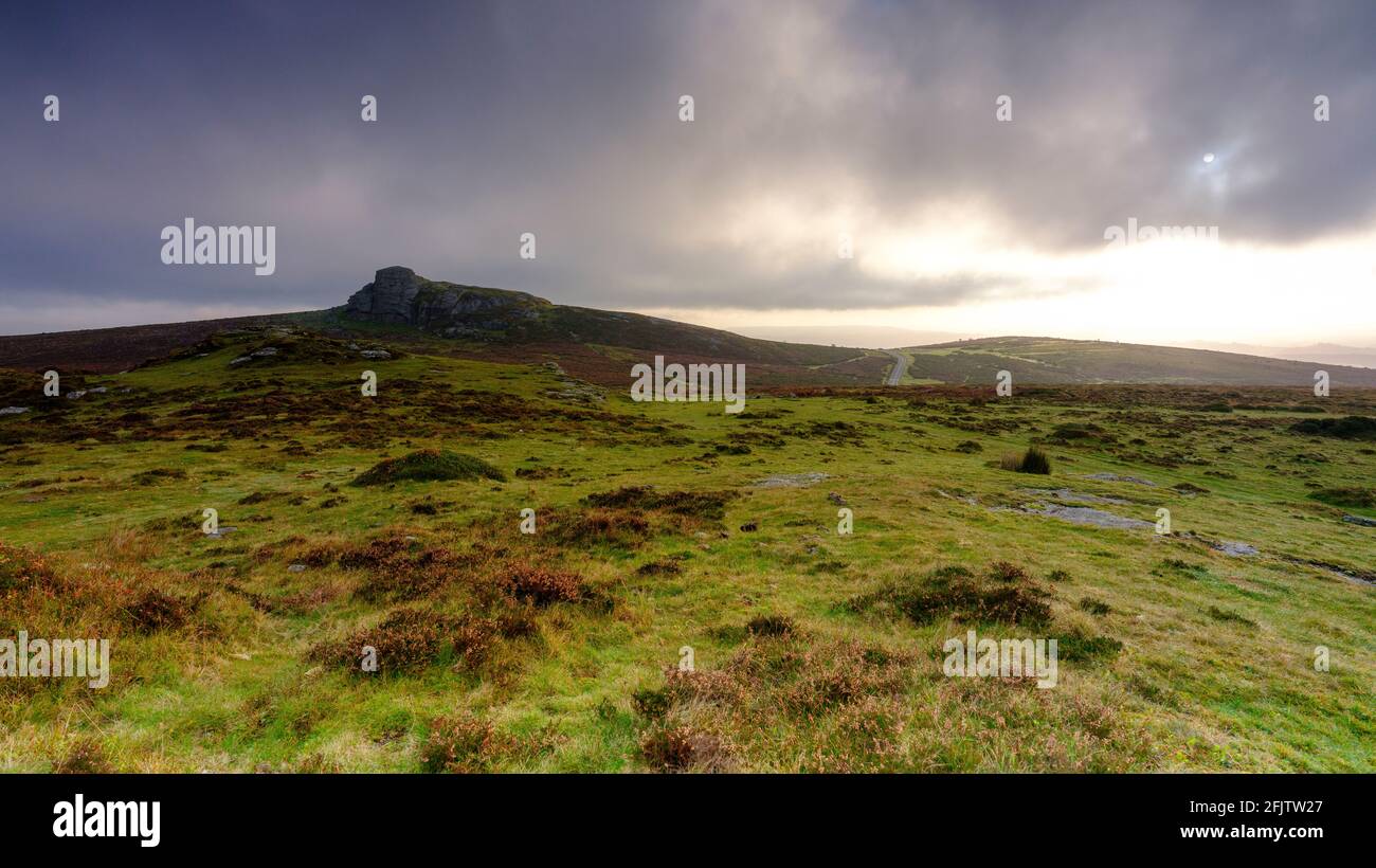 Dartmoor, UK - October 15, 2020: Autumn sunrise over Dartmoor on Haytor ...