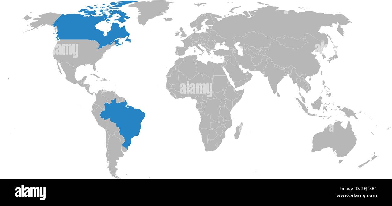 Brazil, Canada countries isolated on world map. Gray background ...