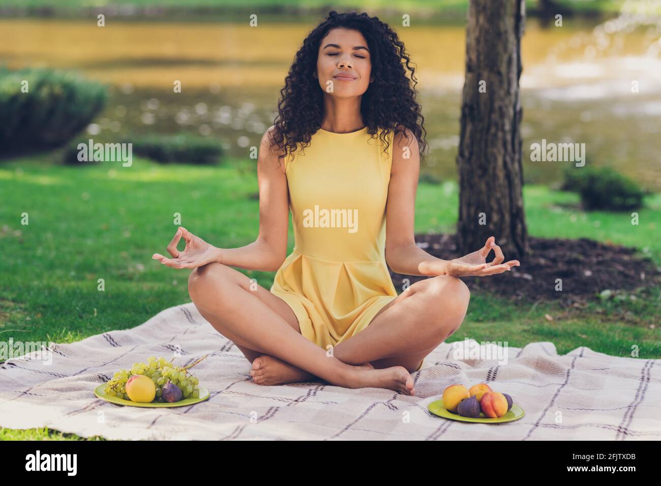 Portrait of attractive dreamy cheery girl sitting on plaid meditating ...