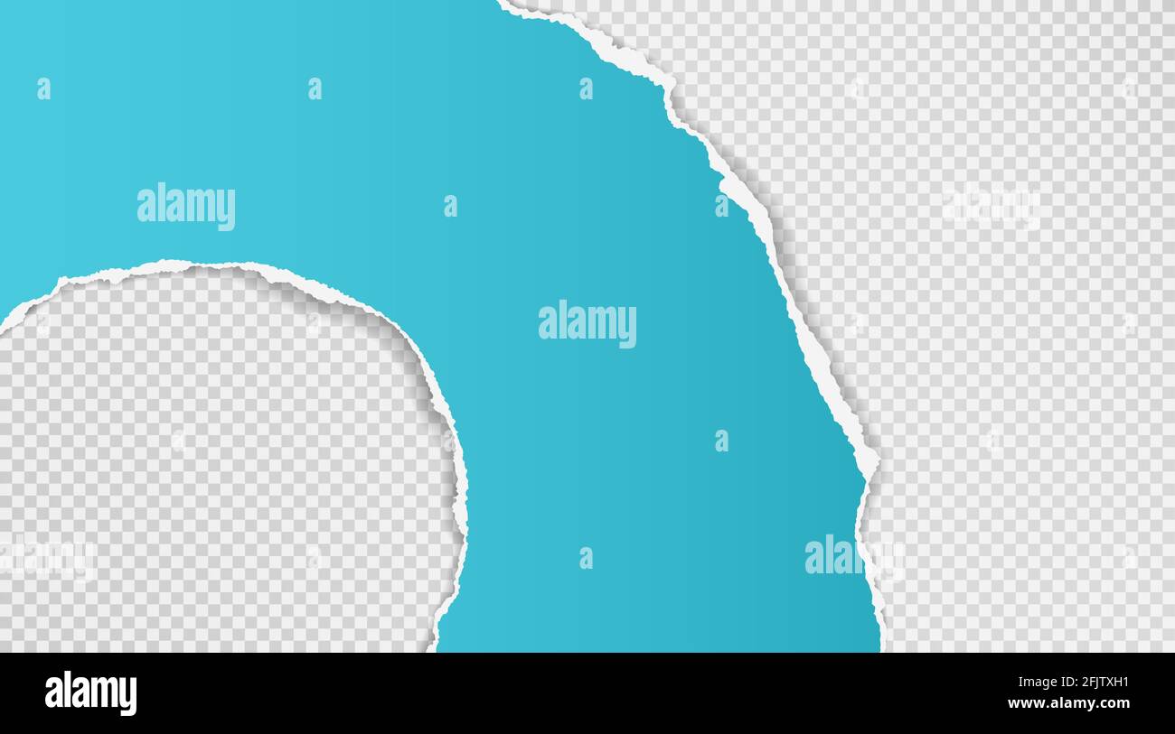 Torn, ripped vertical turquoise paper strip with soft shadow is on ...