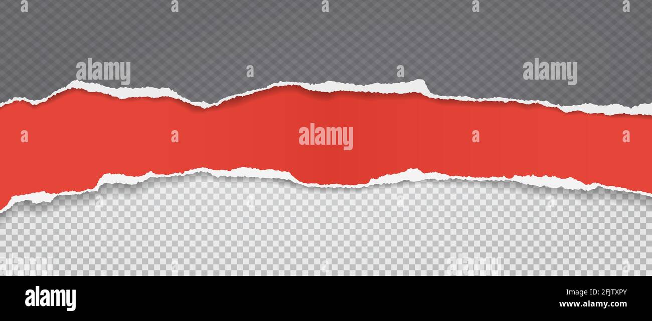 Torn, ripped dark grey and red paper strips with soft shadow are on ...