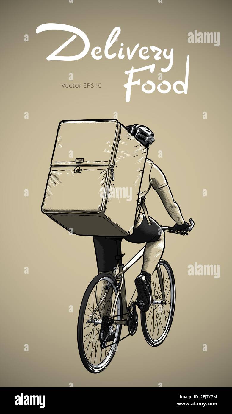 Young Man Riding Bicycle In Delivery Food Service Hand Drawn Vector