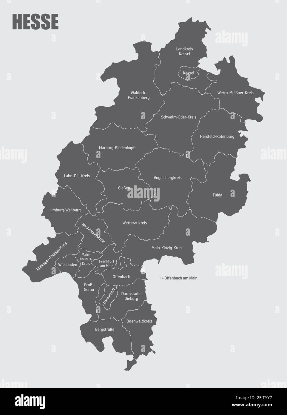 The Hesse state, isolated map divided in districts with labels, Germany ...