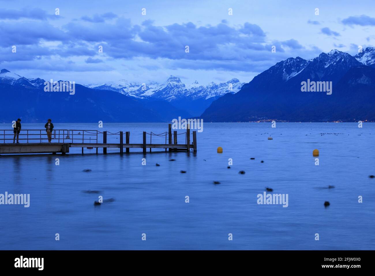 Switzerland, Canton of Vaud, Lausanne, Lake Leman and the alps in the ...
