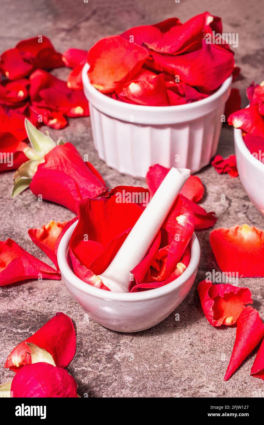 Rosewater with rose petals. Making organic rose essence for cooking ...