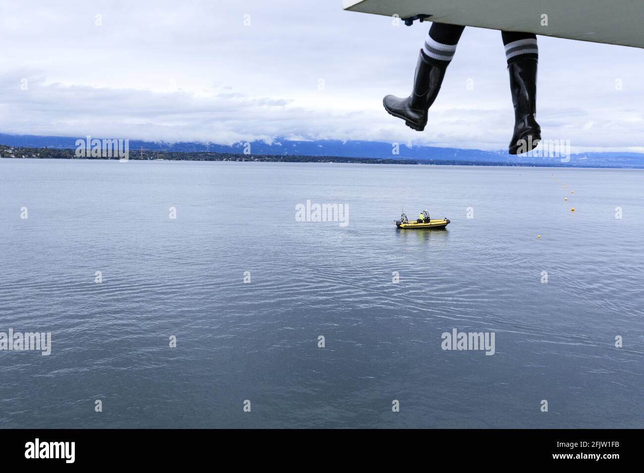 Switzerland, Canton of Geneva, Cologny, Lake Leman, lifeguard boat from ...