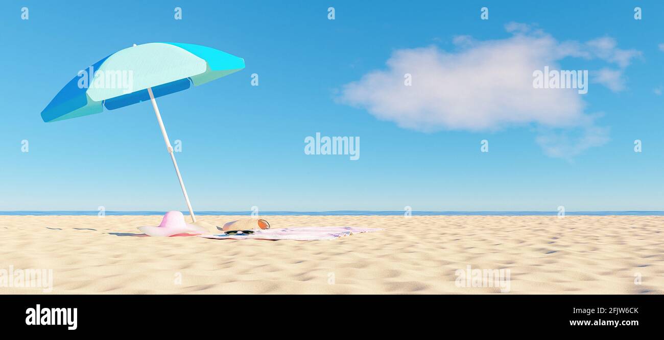 parasol, hat, sunglasses and bag on the beach Stock Photo - Alamy