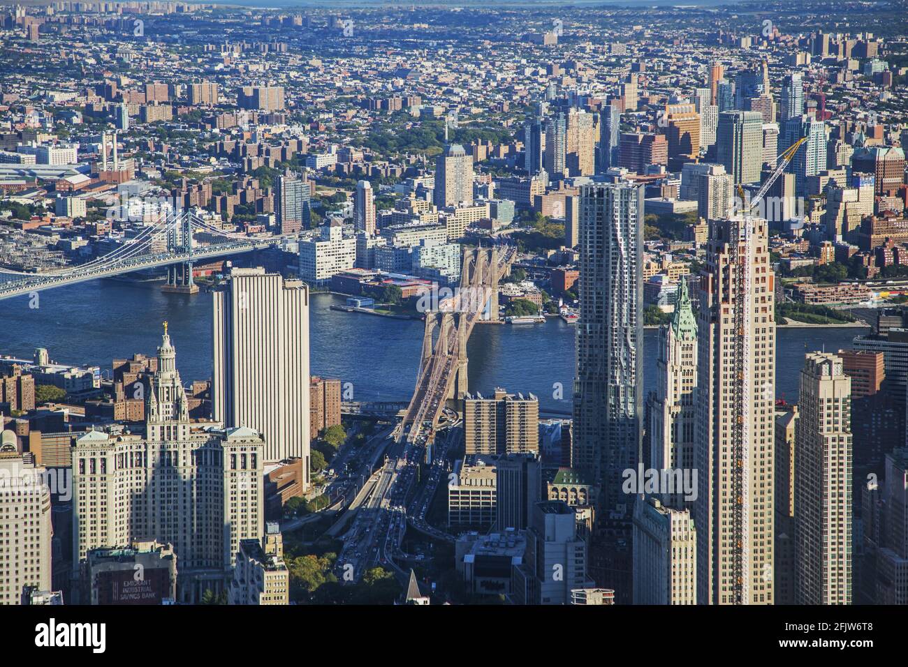 United States, New York, Lower Manhattan, Brooklyn Bridge (aerial view ...
