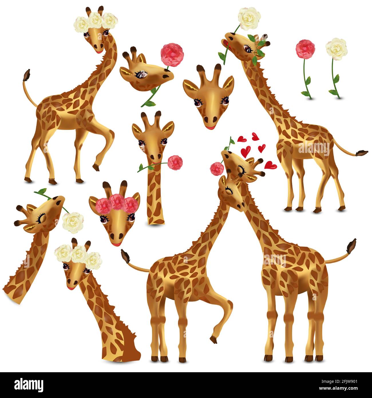 Collection Giraffes. Head Giraffe with flower. Funny, Cute, smiling ...