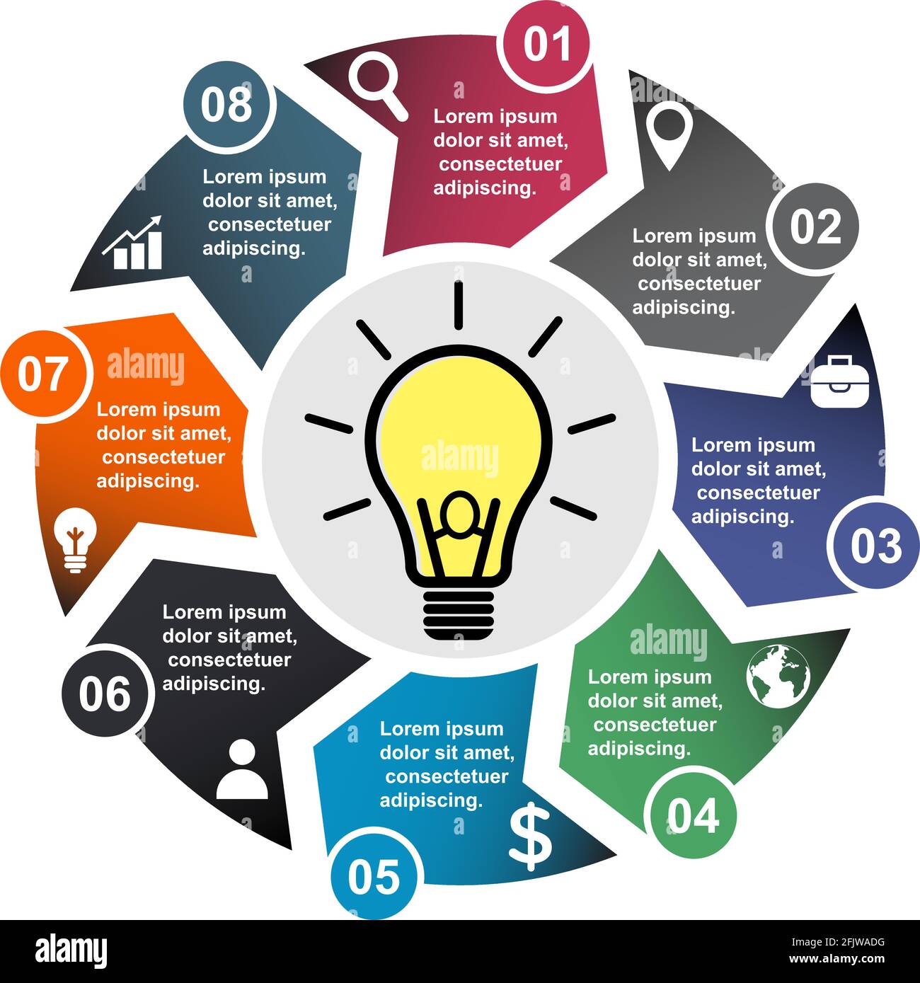 8 step vector element in eight colors with labels, infographic diagram ...