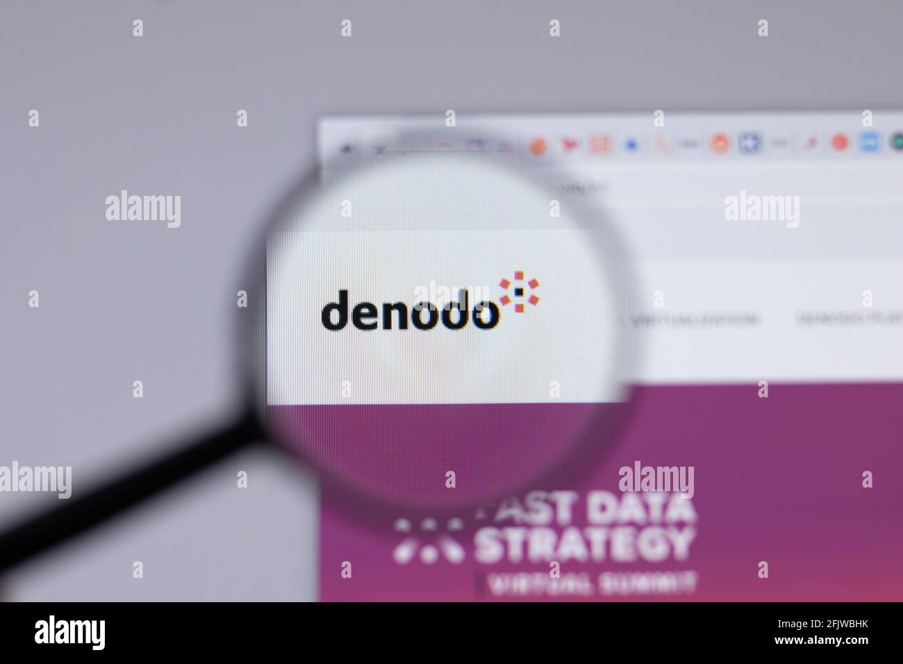 New York, USA - 26 April 2021: Denodo logo close-up on website page ...