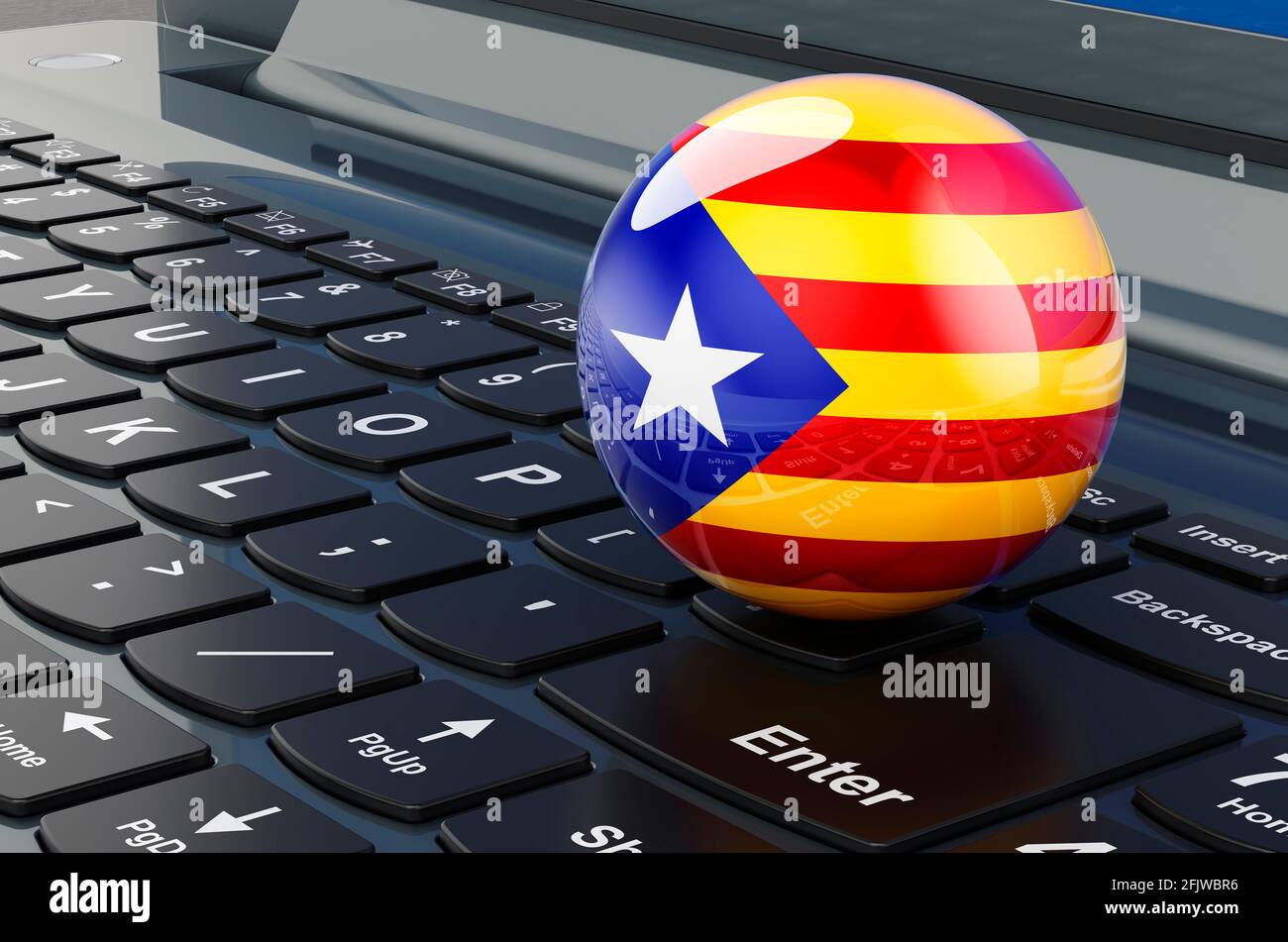 Catalan flag on laptop keyboard. Online business, e-education, shopping ...