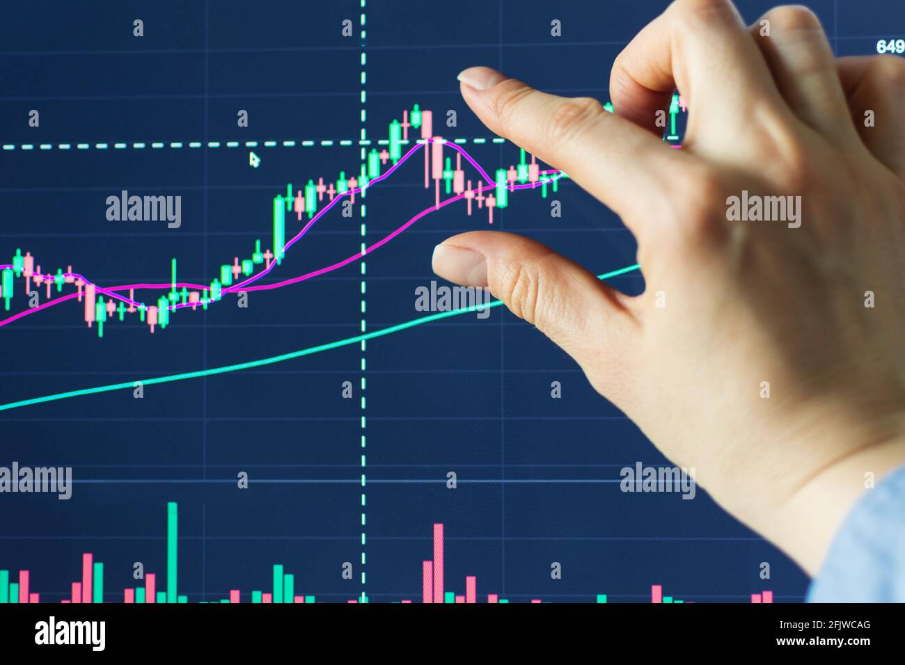 Trader hand show on display with stock market chart. Concept of ...